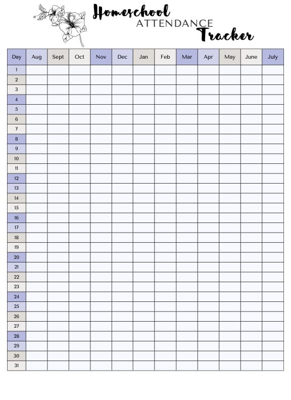 Homeschooling Attendance Tracker with Planning Sheet → A More Beautiful ...